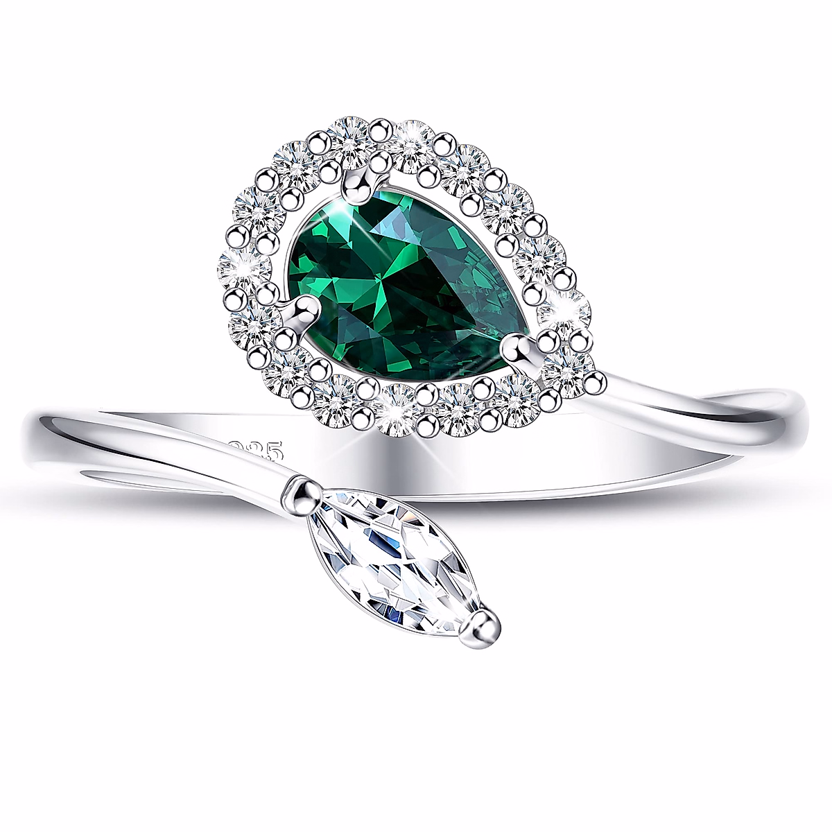 MUSECLOUD 925 Sterling Silver Birthstone Rings for Mothers Teardrop CZ Engagement Rings Adjustable Cubic Zirconia Thumb Open Rings for Women (Silver-May)