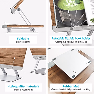 viozon Book Stand for Reading, Wooden Cookbook Holder, Adjustable Height&Angle, Aluminum Alloy, Foldable & Portable, for Office, Kitchen, School. Kids & Adults Textbook, Recipe, Magazine, Tablet-