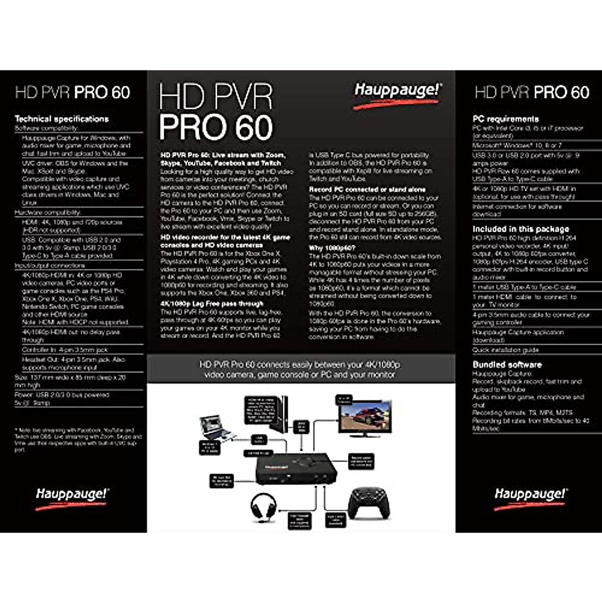 HAUPPAUGE HD PVR Pro 60 HD 4K in/Out 1080P 60fps Capture and Streaming PC Connected and Stand Alone for Zoom Skype YouTube Live and Twitch 1684