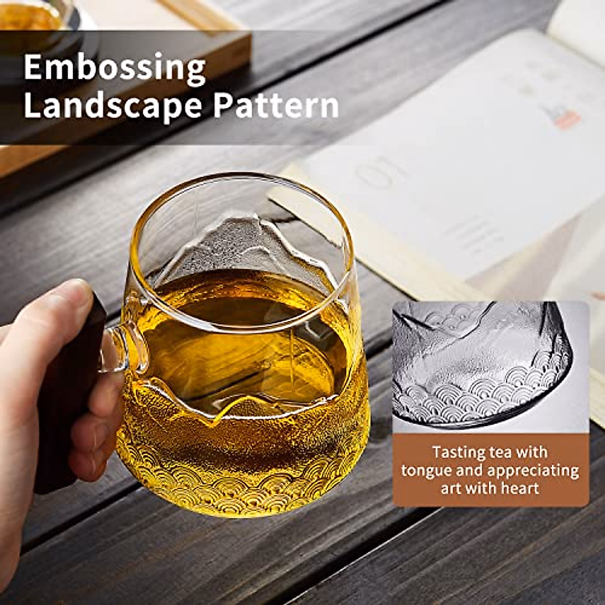 DOPUDO GLORIETTE Glass Teacup with Infuser and Lid, 570ml/19oz Large 3-Piece Glass Tea Mug with Embossing Landscape Pattern, Big Tea Cup with Wood Handle for Loose Leaf Tea