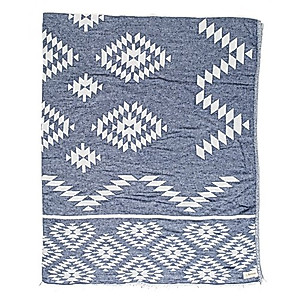 Bersuse 100% Cotton Teotihuacan XL Throw Blanket Turkish Towel - 75x90 Inches, Dark Blue