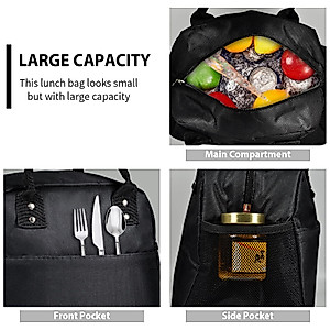 Lunch Bag for Women Men Insulated Reusable Lunch Box Tote Bag, Leakproof Cooler Cute Lunch Box Handbags for Office Work, Home, Picnic Beach or Travel - Black