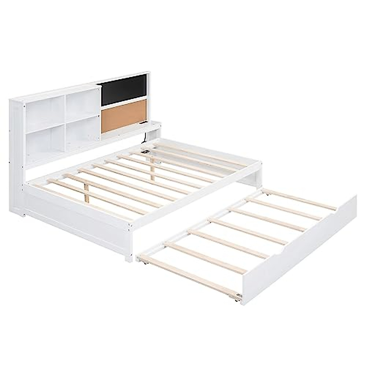 Harper & Bright Designs Full Size Daybed Twin Size Trundle,USB Ports and Storage Shelves,Wood Full Size Bed Frame Blackboard,Cork board and Bookshelf,Full Sofa Bed Living Room Bedrooms,White