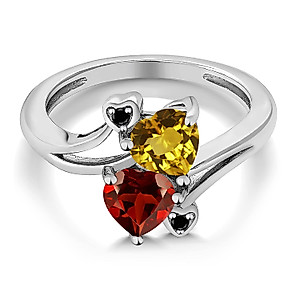 Gem Stone King 925 Sterling Silver Yellow Citrine Red Garnet and Black Diamond Ring For Women (1.63 Cttw, Heart Shape 6MM, Gemstone November Birthstone, Available In Size 5, 6, 7, 8, 9)