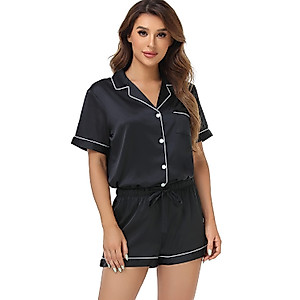 Serenedelicacy Women's Satin Pajama Set 2-Piece Sleepwear Loungewear Button Down Short Sleeve Silky PJ Set (Medium, Black)