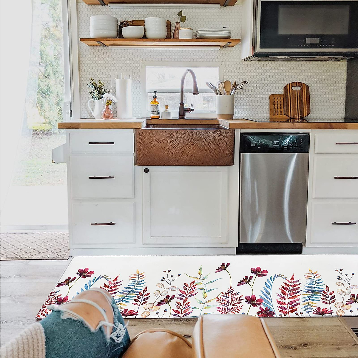 Colorful Leaf Kitchen Rug Botanical Plant Flower Country Farmhouse Style Water-Absorbing Runner Carpet Area Mat for Bedroom Bathroom Indoor Use Rubber Backing Accent Throw Low Pile Washable 20x47