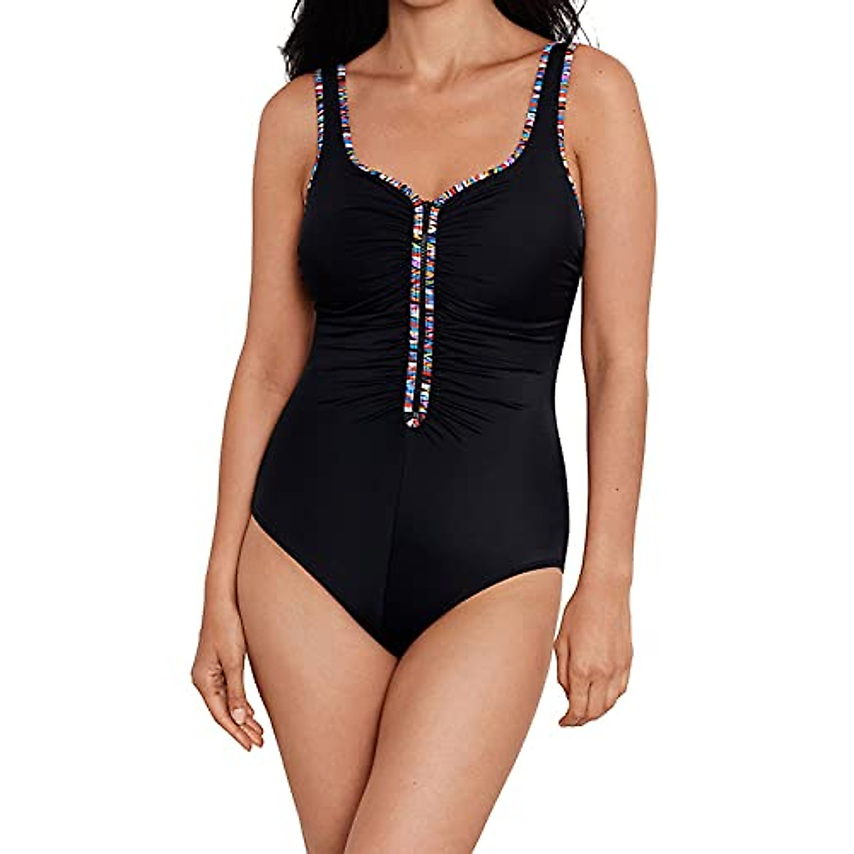 Penbrooke ShapeSolver Sport Women's Private Lines Shirred Zip Soft Cup One Piece Swimsuit, Multi, 16