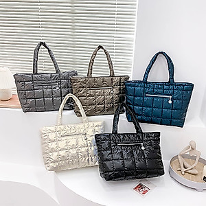 Qvenou Large Puffer Tote Bag for Women Lightweight Quilted Handbag Down Cotton Padded Shoulder Bag Large Capacity Down Padding Tote Bag-Off-white