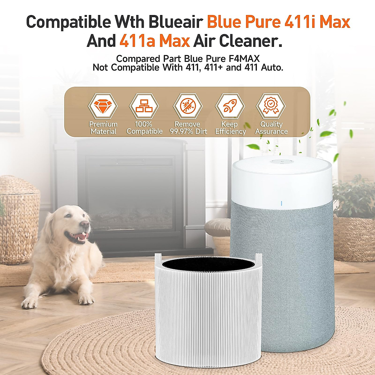 2 Pack Blue Pure 411i Max 411a Max F4MAX Replacement Filter Compatible With Blueair Blue Pure 411i Max 411a Max Air Cleaner. For Blue Pure F4MAX Filter. 3-in-1 True HEPA Filter Activated Carbon Filter