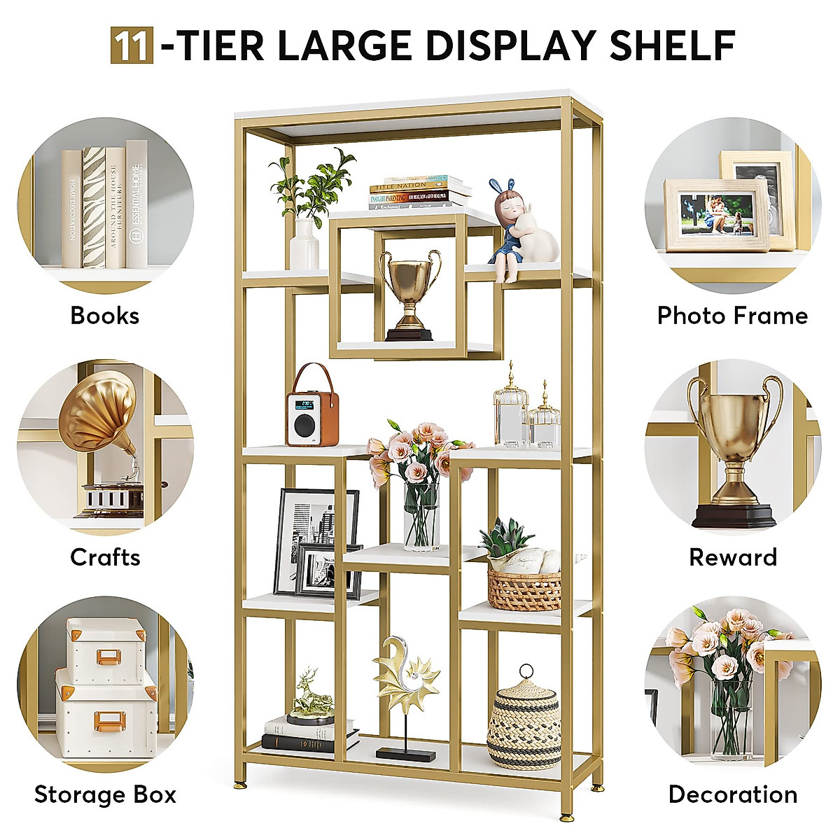 Tribesigns 71" Gold Etagere Bookshelf, Modern 11-Tier Tall Open Display Bookcase Bookshelves, Free Standing Book Shelf for Living Room, Bedroom, Home Office, Gold & White