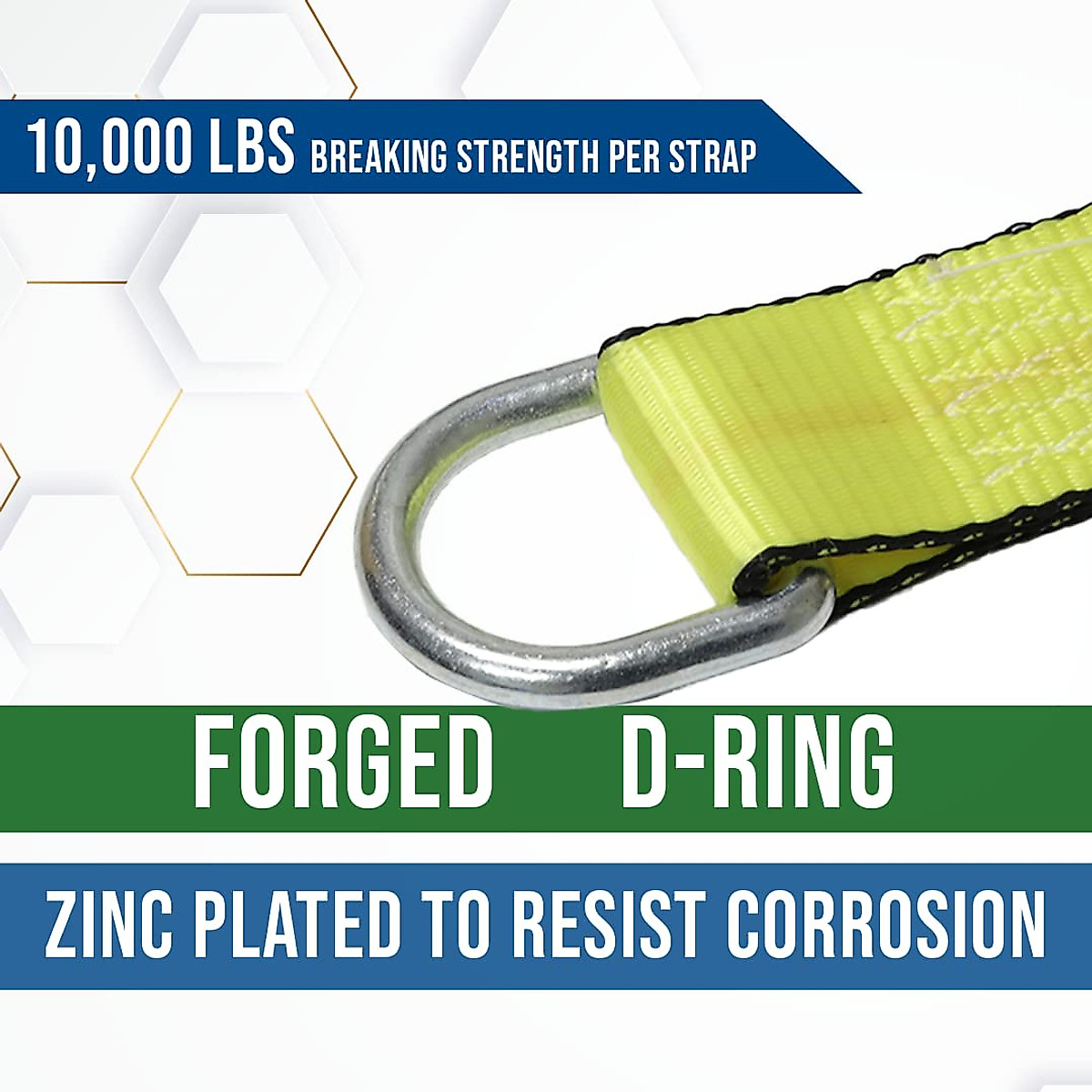 Boxer 2" x 10ft Pro Lasso Tow Strap with D Ring & Protective Sleeve – Car Tie Down, Auto Hauler, Auto Transport – 10,000lbs - 4 Pack