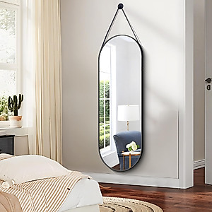 KOCUUY Oval Full Length Mirror with Hanging Leather Strap, 16"x48" Black Metal Frame Hanging Mirror, Full Body Dressing Mirror Wall Door Mirror for Bathroom Vanity Living Room Bedroom Entryway