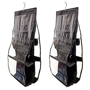 HAN SHENG 2 Pcs Clear Zipper Hanging Purse Handbag Organizer Hanging Shelf Bag Collection Storage Holder Purse Bag Wardrobe Closet Space Saving Organizers (Black)