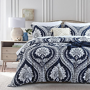 Bedduvit Cotton Duvet Cover Queen - Navy Blue Damask Queen Duvet Cover Set,Breathable Minimalism Damask Patterned Duvet Cover Queen with Zipper Closure & 8 Ties (90"x90", No Comforter)