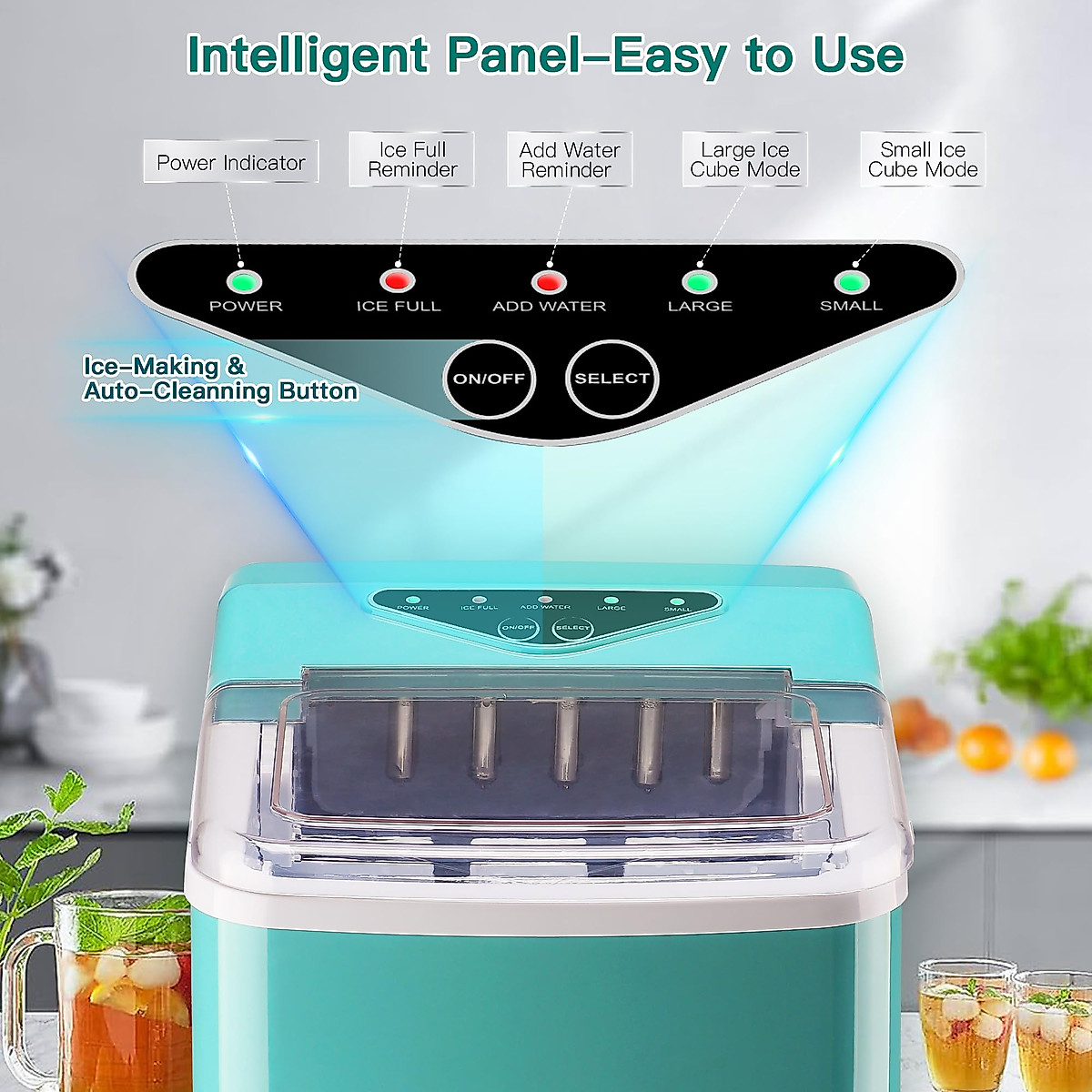rosmena Ice Maker Countertop, 30lbs/24H Ice Maker Machine, 9 Cubes in 6 Mins, Self-Cleaning Ice Makers with Basket and Scoop, Portable Small ice Maker, 2 Sizes of Bullet Ice for Home Kitchen Office
