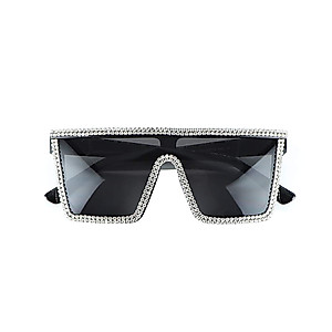 FUPRECIOUS Oversized Square Sunglasses For Women Men Bling Rhinestone Flat Top Shades (black)