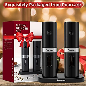 Pourcare Electric Salt and Pepper Grinder Mill Set,Adjustable Coarseness One-hand Automatic Operation,Charging Base Rechargeable Battery Powered with LED Light,Stainless Steel Black 2 Pack
