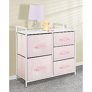 mDesign 30.03" High Steel Frame/Wood Top Storage Dresser Furniture Unit with 5 Removable Fabric Drawers - Tall Bureau Organizer for Bedroom, Living Room, Closet - Spira Collection - Pink/White