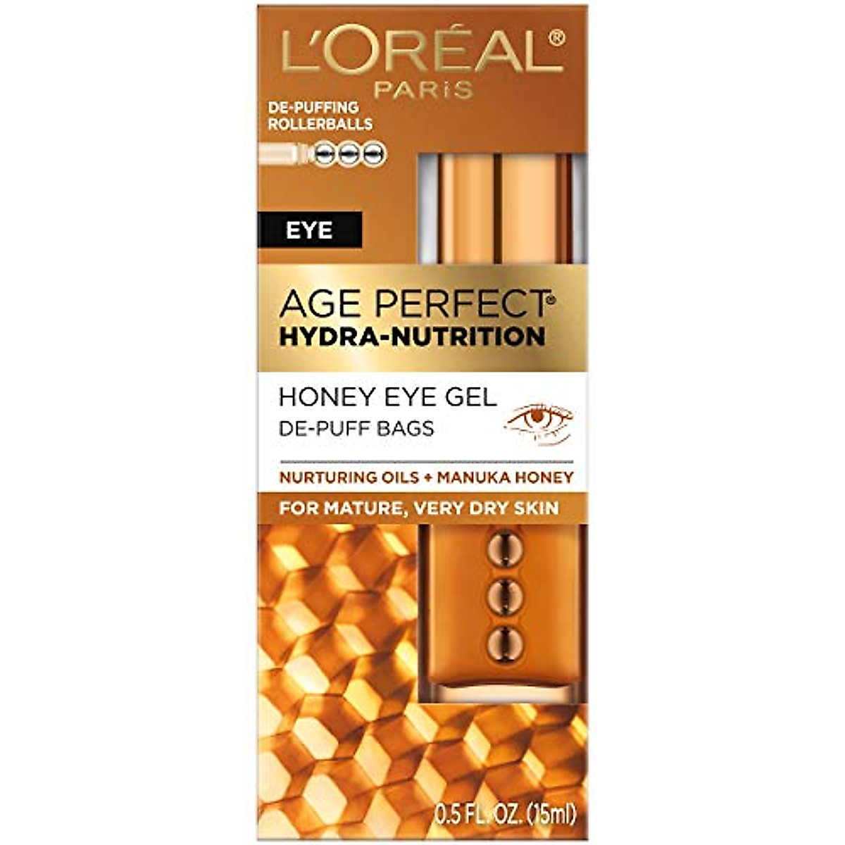 L'Oreal Paris Skincare Age Perfect Hydra Nutrition Eye Gel with Manuka Honey and Nurturing Oils, Eye Treatment Gel for Dry Skin, de-puffing rollerballs to Reduce Puffy Eyes, Paraben Free, 0.5 fl. oz.
