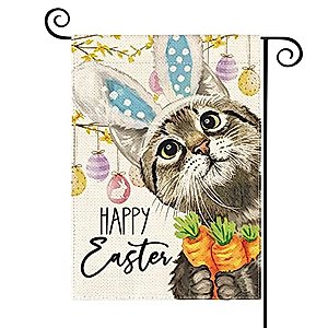 AVOIN colorlife Happy Easter Cat Garden Flag 12x18 Inch Double Sided Outside, White Easter Eggs Carrot Holiday Yard Outdoor Decoration