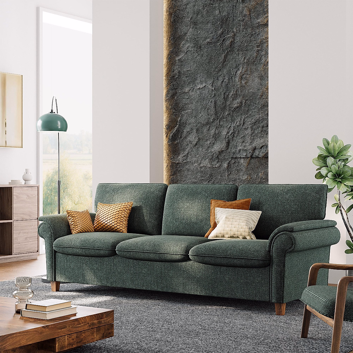 LIKIMIO Sofa 89 Inch, Comfy Sofa Couch with USP Port, Extra Deep Seats Modern 3 Seater Sofa, Couch for Living Room Apartment Lounge, Green Chenille