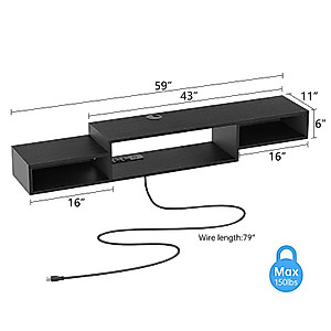 FABATO 59'' Floating TV Stand with LED Light Power Outlet, Floating Shelf for Under TV Wall Mount with Storage Shelf, Media Console Entertainment Center for Living Room, Black