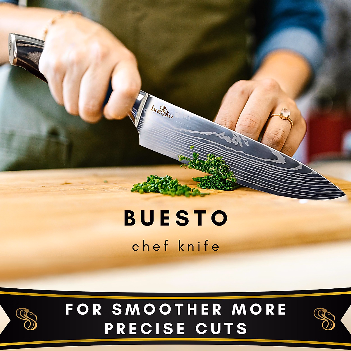BUESTO Professional Chef Knife - 7cr17mov HC Japanese Knife - 8'' Kitchen Knife - Chefs Knife with Knife Sharpener - Ergonomic Handle Sharp Knife - Unique Gifts for Men and Women - Premium Gift Box