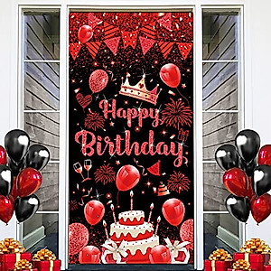 Red Birthday Party Banner Decorations, Red and Black Happy Birthday Door Cover Backdrop Glitter Crown Banner Sign for Kids Girls Women Men Birthday Photo Booth Background Front Door Supplies,73''X36''
