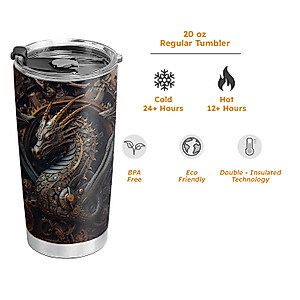 64HYDRO 20oz Steampunk Mechanical Engineer Clockwork Dragon Tumbler, Gaming, Gamer Gifts for Dragon Lovers, Stainless Steel Double Wall Vacuum Insulated Coffee Mug, Travel Cup with Lid