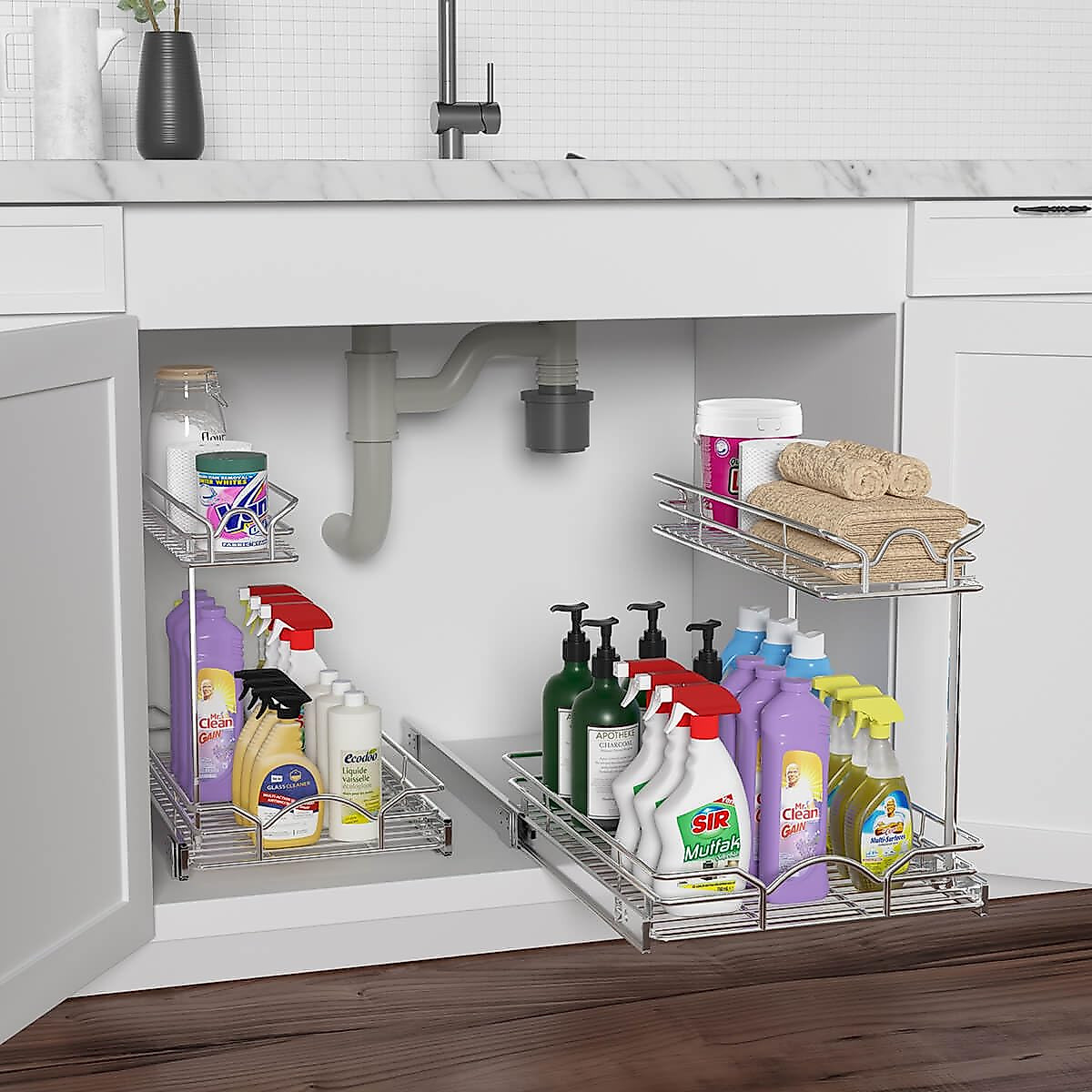 OCG 2 Tier Under Sink Pull Out Organizer (11" W x 18" D x 15.8" H), Under Sink Organizers and Storage for Kitchen Bathroom Cabinet, Chrome Finish