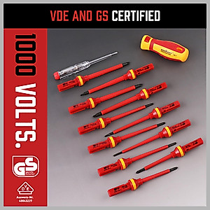 1000V Insulated Electrician Screwdriver Set - 13-Piece Professional Electrical Screwdriver Set Insulation Handle CRV Steel Magnetic Phillips Slotted Pozi Torx Tips VDE & GS Certified