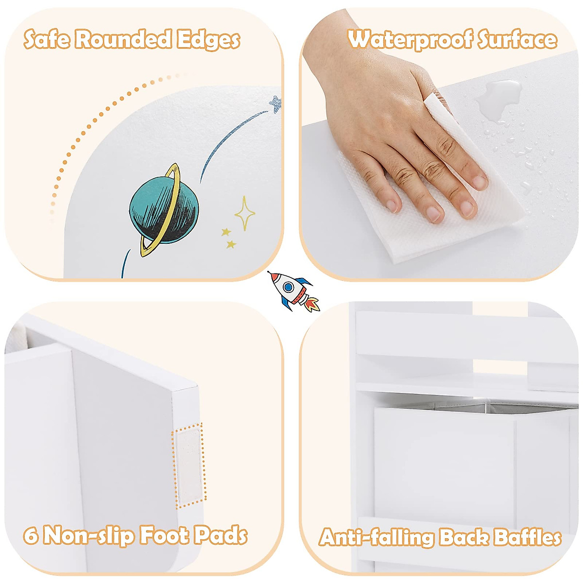 Costzon Toy and Book Organizer for Kids, Wooden Storage Display Cabinet Bookshelf w/5 Open Shelves, 2 Storage Boxes and 3 Slots, Kids Storage Unit for Playroom, Classroom, Living Room (Rocket)