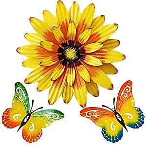 Meduofon Metal Flowers Wall Decor and Butterfly Wall Art, 3 PCS Metal Outdoor Fence Art Sculptures for Indoor Outside Garden Patio Wall Decorations (Yellow&Green)