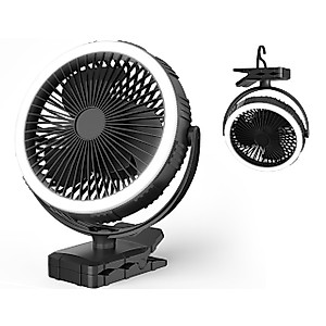 GRANDFAST 10000mAh Rechargeable Clip On Fan - 8" Battery Operated Fan with Timer, Strong Airflow Portable Battery Powered Fan with Light & Hook for Camping Outdoor Office Home Hurricane Power Outage