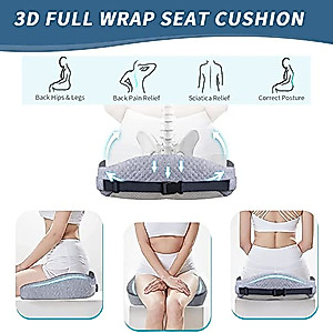 Memory Foam Seat Cushion & Lumbar Support Pillow for Office Chair Car Wheelchair, 3 Piece Chair Cushion Set with Adjustable Straps for Lower Back, Tailbone, Sciatica, Hip Pain Relief, CertiPUR-US