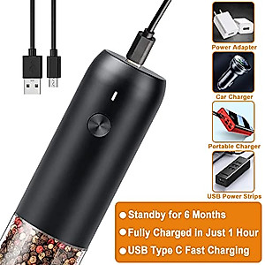 Electric Pepper Grinder Mill, USB Rechargeable Salt and Pepper Grinder with Ceramic Grind and LED Light, Adjustable Coarseness and Refillable Glass, No Battery Needed - Black