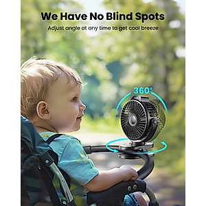 Koonie Portable Clip On Fan, Small USB Fan Battery Operated, 3 Speed Rechargeable Mini Fan With LED Display, 360° Rotate Personal Cooling Desk Fan for Stroller Travel Camping Golf Gym