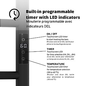 Odass | Towel Warmer | Built-in Timer with Led Indicators | Timer Modes: 1 H to 8 H, ON/Off | Temperature 30 to 60 °C (86 to 140 °F) | Wall Mounted | 10 Curved Bars | Matte Black