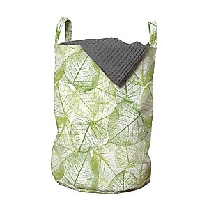 Ambesonne Leaves Laundry Bag, Botanical Abstract Sketch Print Style Leaf Fresh Nature Elements, Hamper Basket with Handles Drawstring Closure for Laundromats, 13" x 19", Lime Green Apple Green