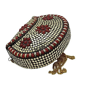 Trend Overseas Multicolor Acrylic Stone Golden metal Bead Clutch Girls Bridal Bag for women/Girl party clutch, Acrylic Red