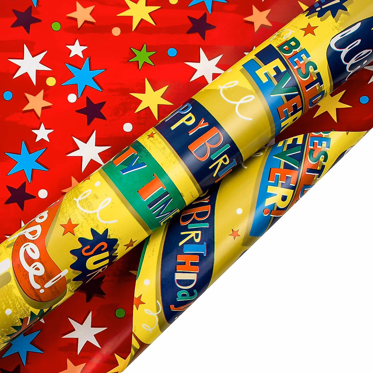 MAYPLUSS Reversible Birthday Wrapping Paper Roll - Mini Roll - 17 Inch X 32.8 Feet(47.3 sq.ft) - Happy Birthday Lettering,Colorful Star Design for Party,Wedding