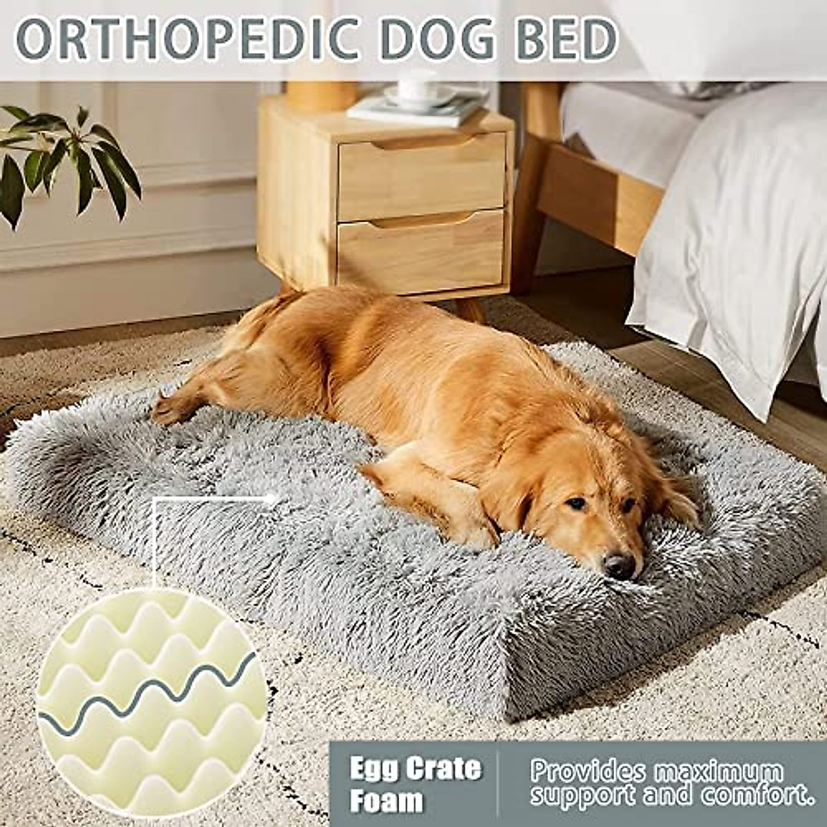 MIHIKK Orthopedic Dog Bed Luxurious Plush Washable Dog Beds with Removable Waterproof Cover Anti-Slip Egg Foam Pet Sleeping Mattress for Large, Jumbo, Medium Small Dogs, 24 x 16 Inch, Gray