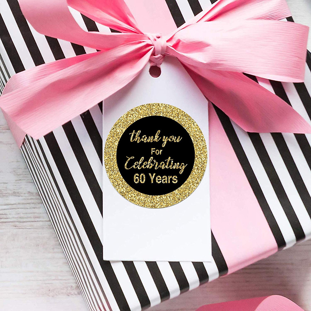 60th Birthday Thank You Stickers, Black and Gold 60th Birthday Favors, 60th Birthday Stickers, Anniversary Party Decorations, 1.75 Inch Round Circle Label Stickers, Pack of 50.