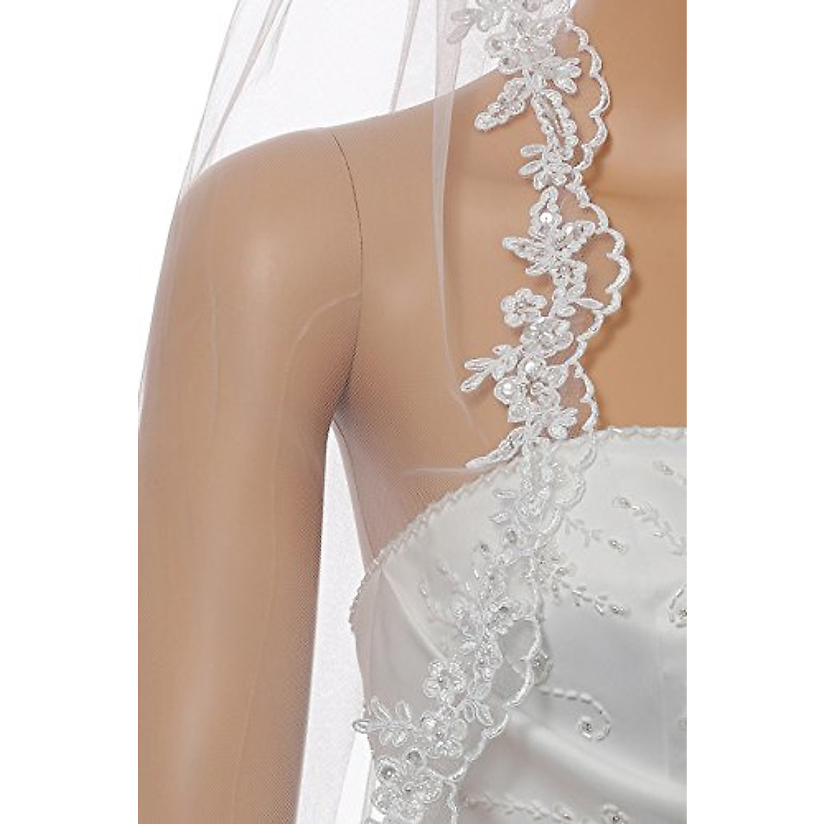 SAMKY 1T 1 Tier Flower Scallop Embroided Lace Pearl Veil - White Fingertip Length 36" V466