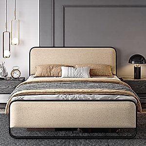 SHA CERLIN Full Size Platform Metal Bed Frame with Curved Upholstered Headboard and Footboard, Large Under Bed Storage, No Box Spring Needed, Modern, Beige