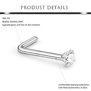 Hoeudjo 18G Surgical Steel Mix Color Diamond CZ Nose Stud Rings L Shaped Nostril Pin Piercing Jewelry for Women Men 2mm 16PCS Silver Rose Gold Black