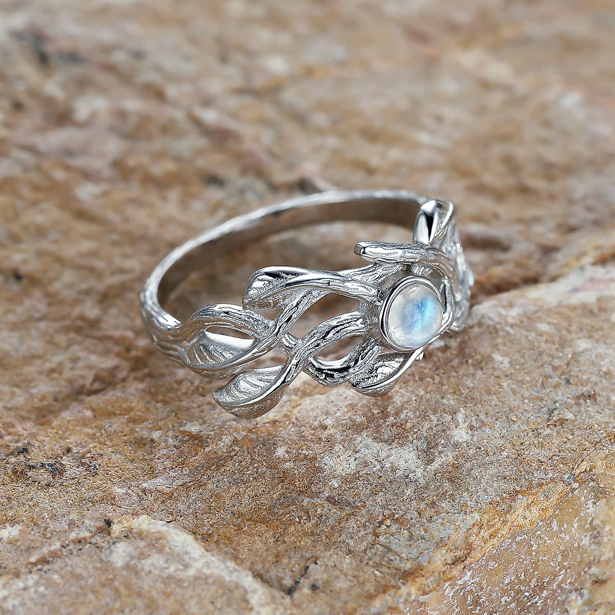 Angol Genuine Moonstone Ring Sterling Silver Leaf Moonstone Ring Statement Band Finger Minimalist Ring for Women with Gift Box (9)