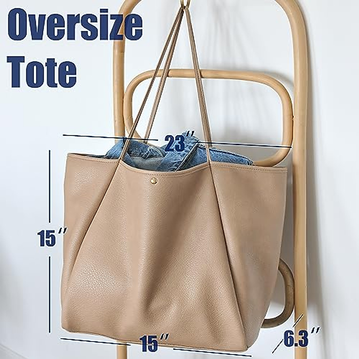 HOXIS Oversize Vegan Leather Tote Women Weekender Bag Shopper Handbag Travel Purse (Nude)