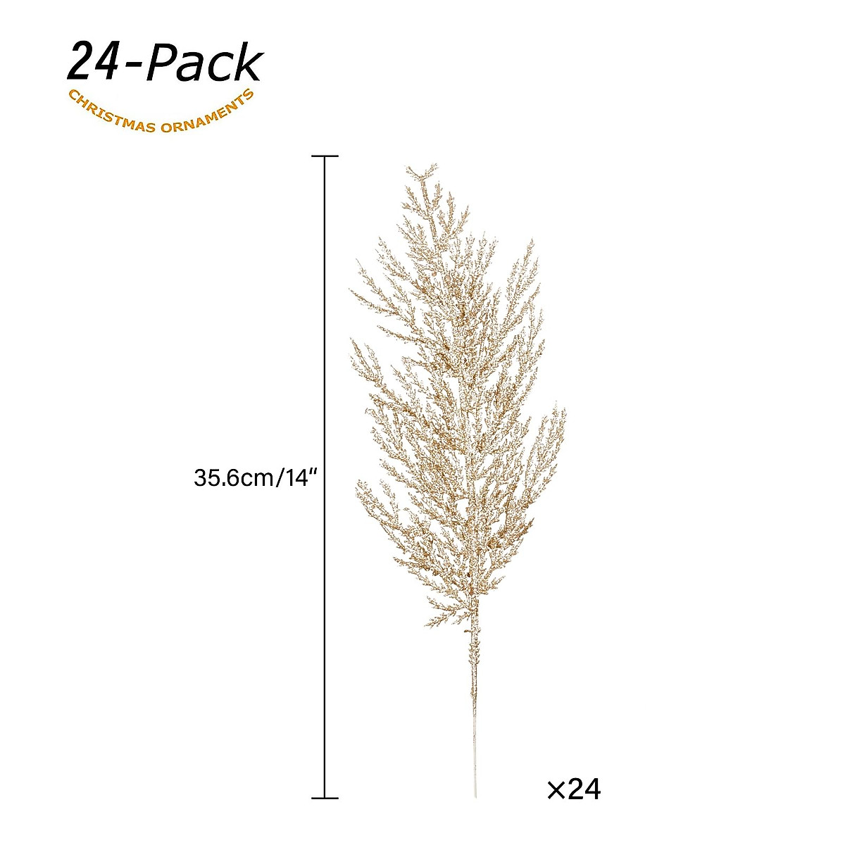 Christmas Glitter Stems 24pcs Artificial Pine Tree Picks for Christmas Tree Ornaments fillers, DIY Xmas Wreath, Crafts, Garland, Holiday, Party, Wedding and Home Decoration(Gold)