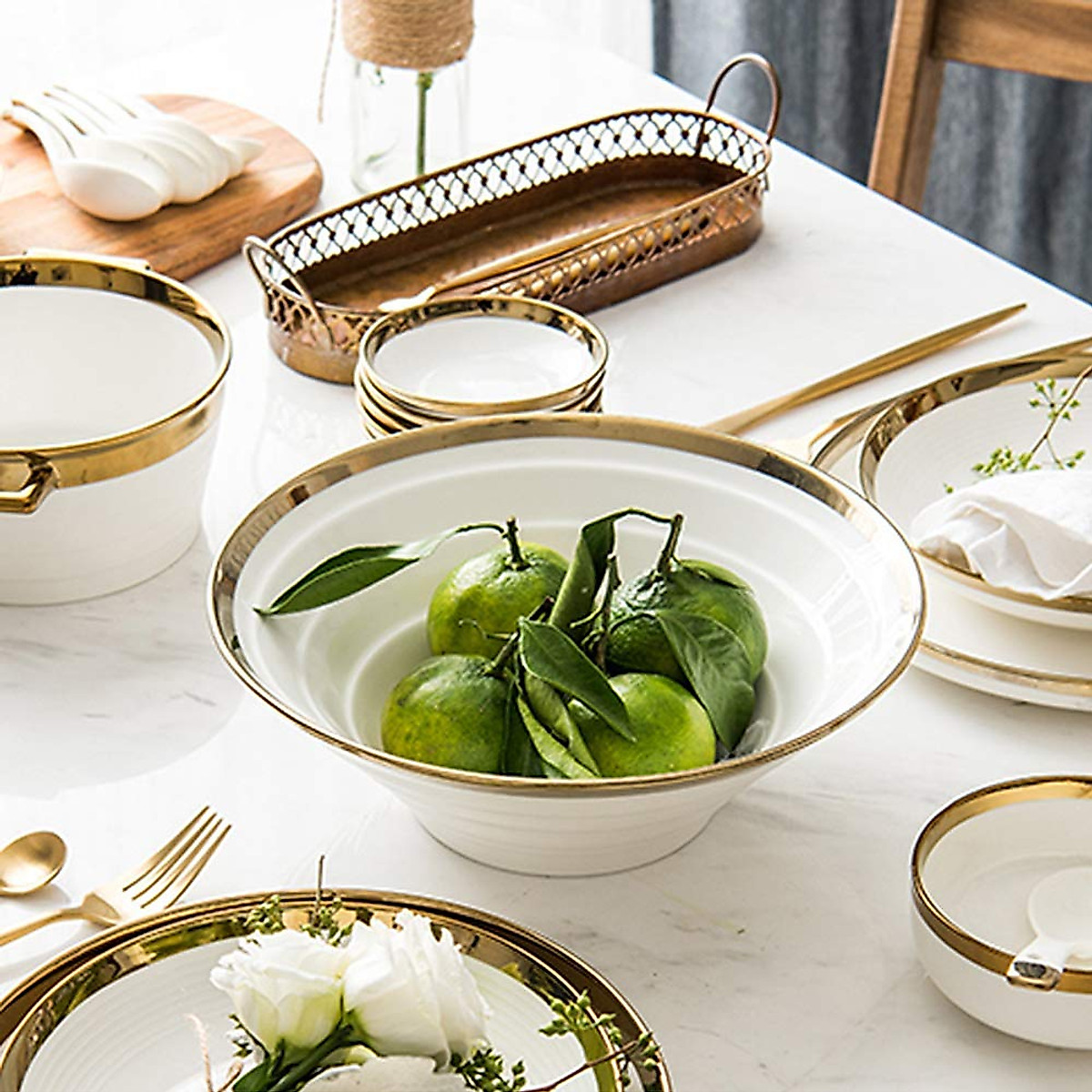Fine Dinnerware Set,Gold Halo White Porcelain Dinnerware Set, Complete Ceramic Plates and Bowls Sets, Modern Creativity Vintage Round High Class Dishes Set, Luxurious Mellow Dinnerware Dish Set,20PCS